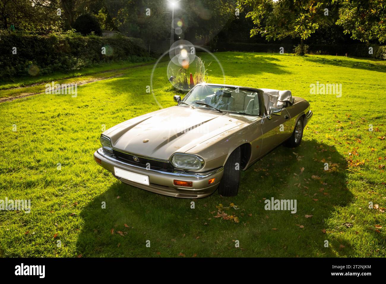 Convertible Jaguar XJS with top down in a country field in Autumn Stock ...