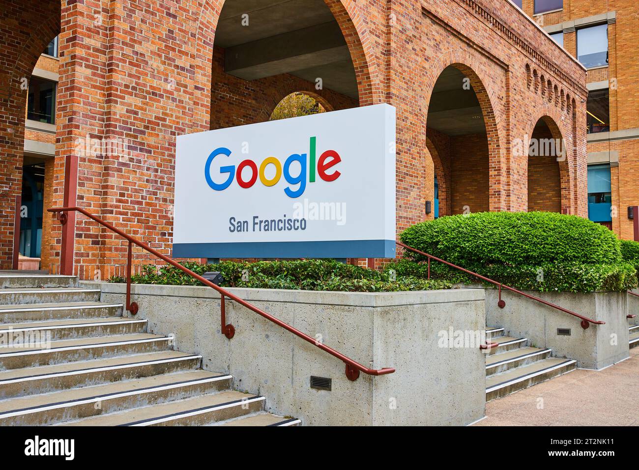 Google San Francisco sign in greenery with stairs leading up to brick ...