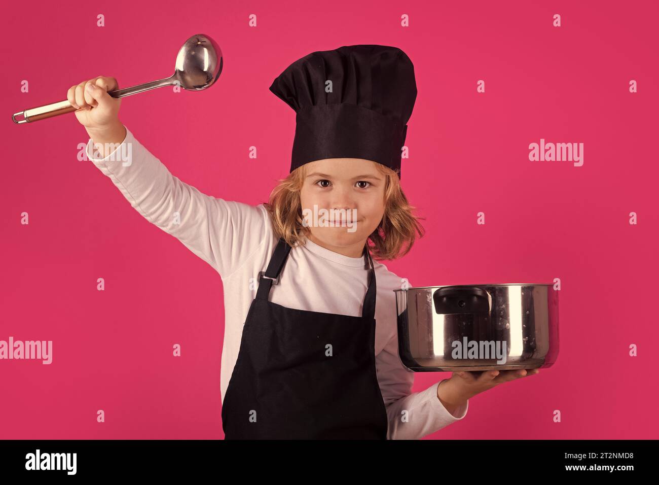 Child chef cook with cooking pot and ladle. Excited chef cook. Child ...