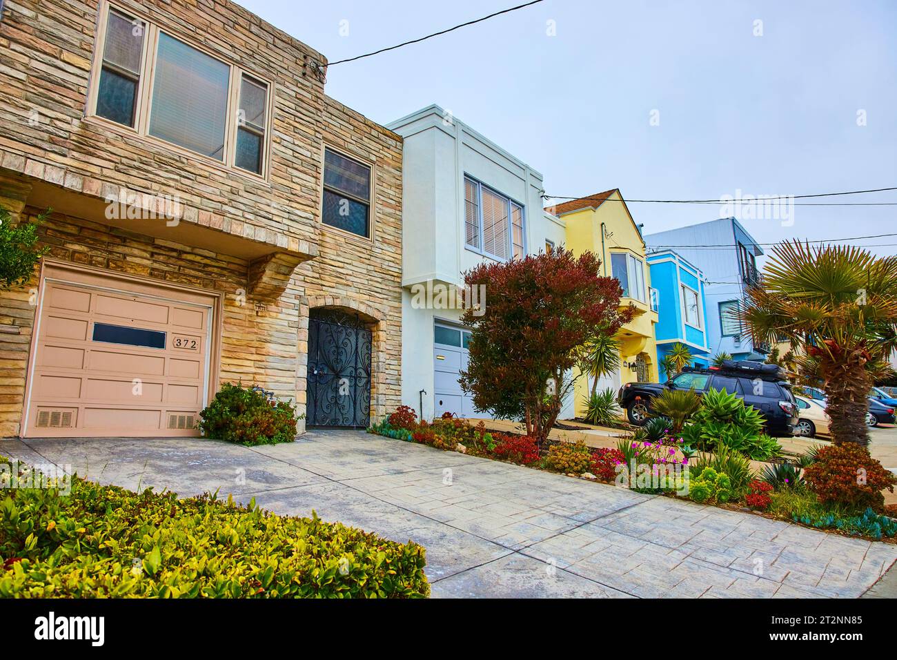 Row of houses side by side with fun and colorful landscaping between ...