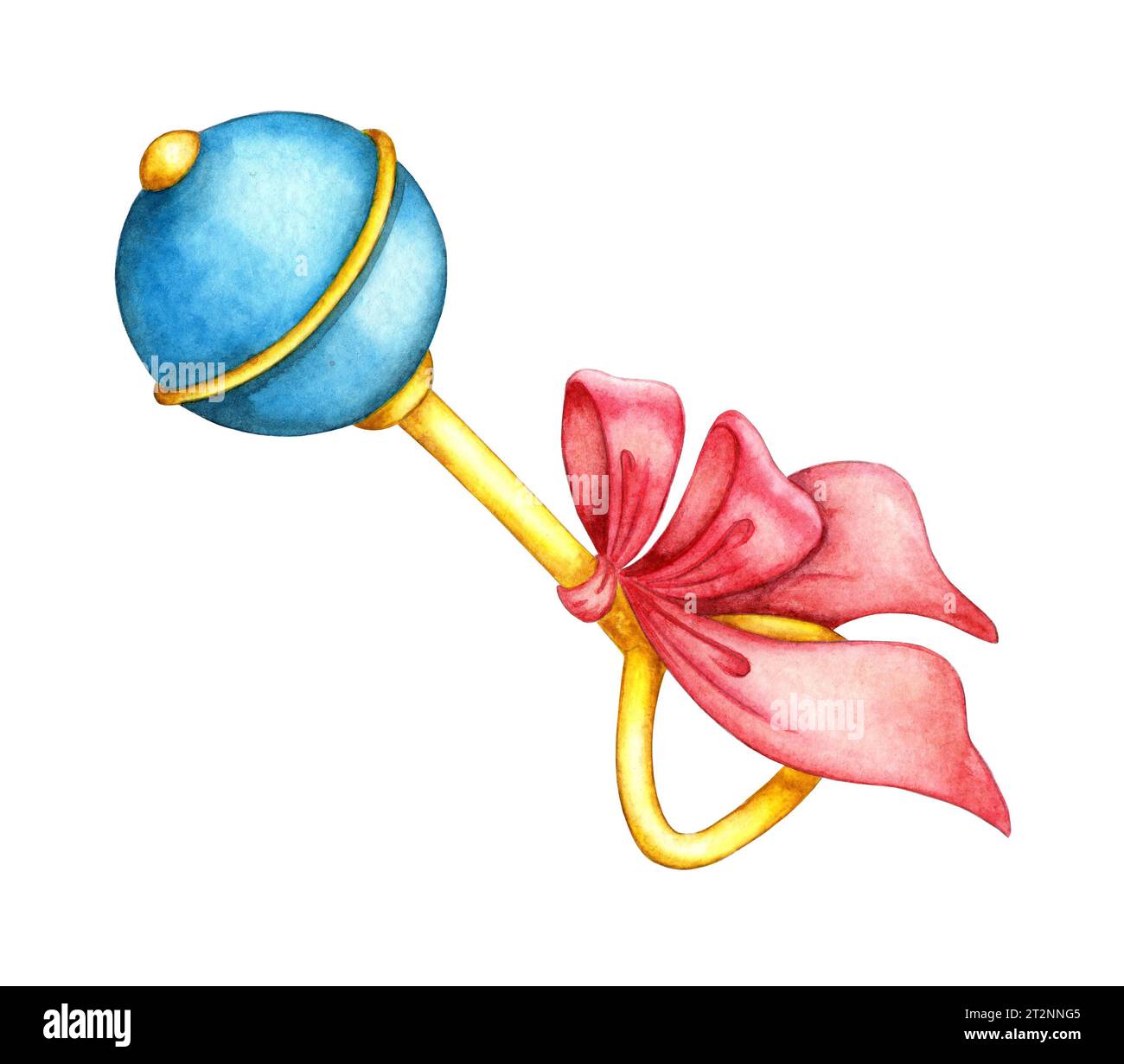 Watercolor illustration of a blue rattle with a pink bow. Ringing toy ...