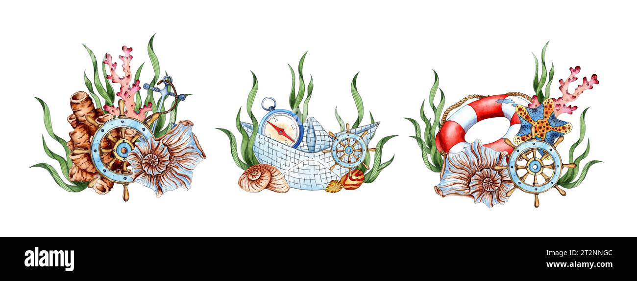 A set of watercolor illustrations of a helm, compass, shells, coral ...