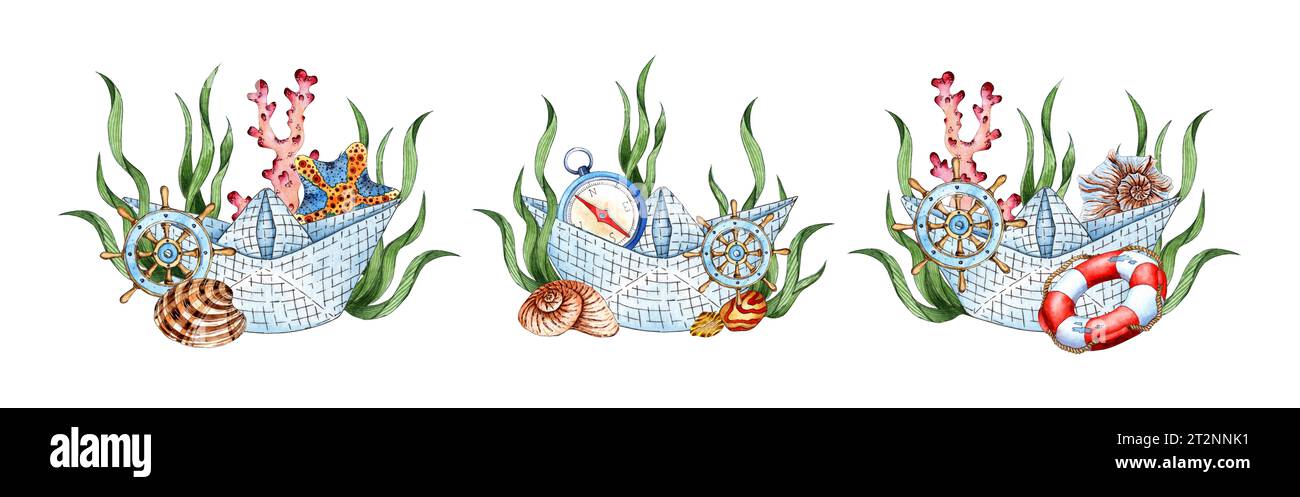 Watercolor illustration set of paper boats, rudder, compass, shells ...
