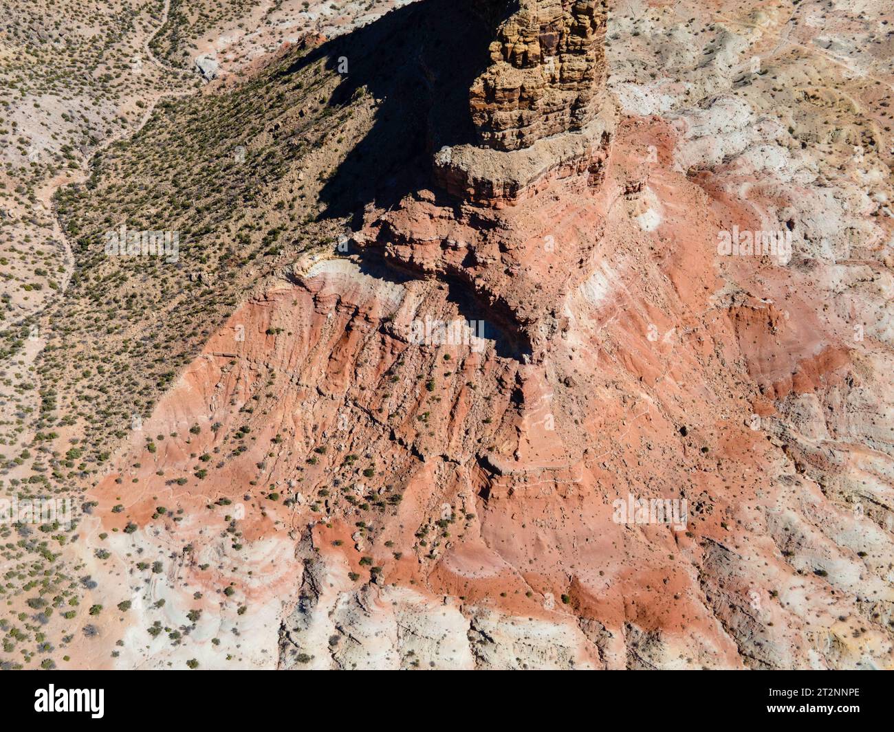 Aerial photograph of Chimney Rock, a layered, eroded sandstone ...