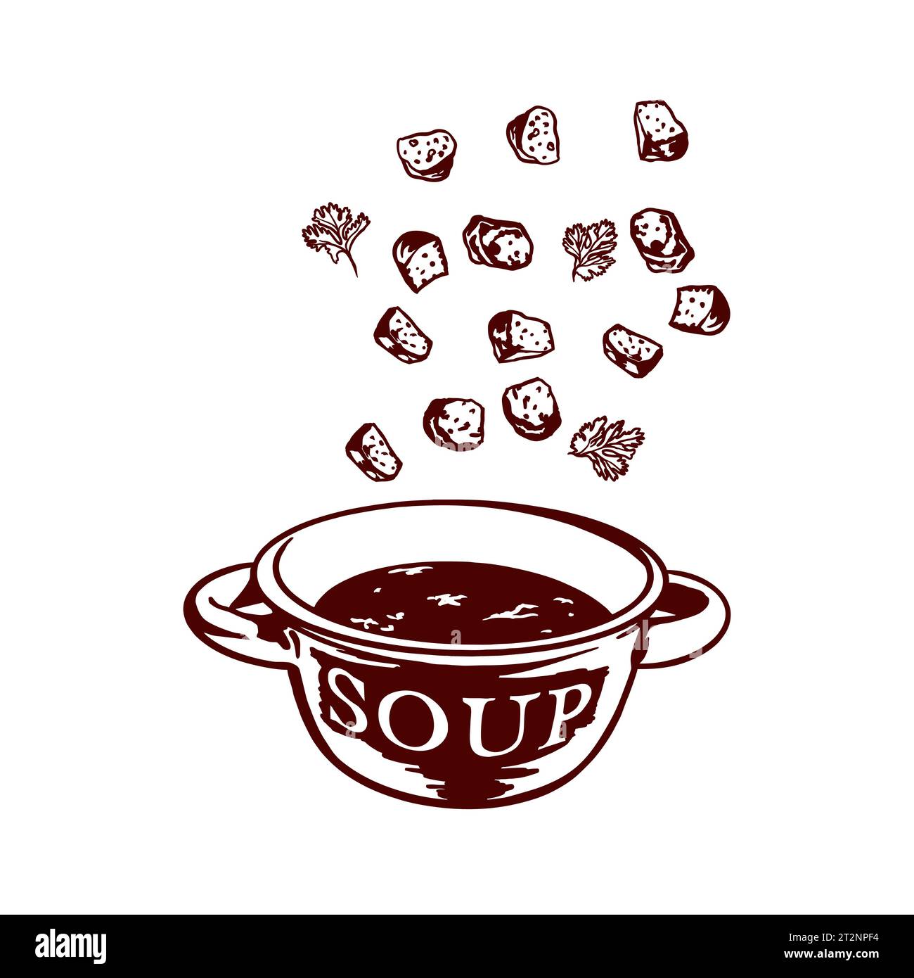 A bowl of soup and flying croutons. Vector illustration of food in ...
