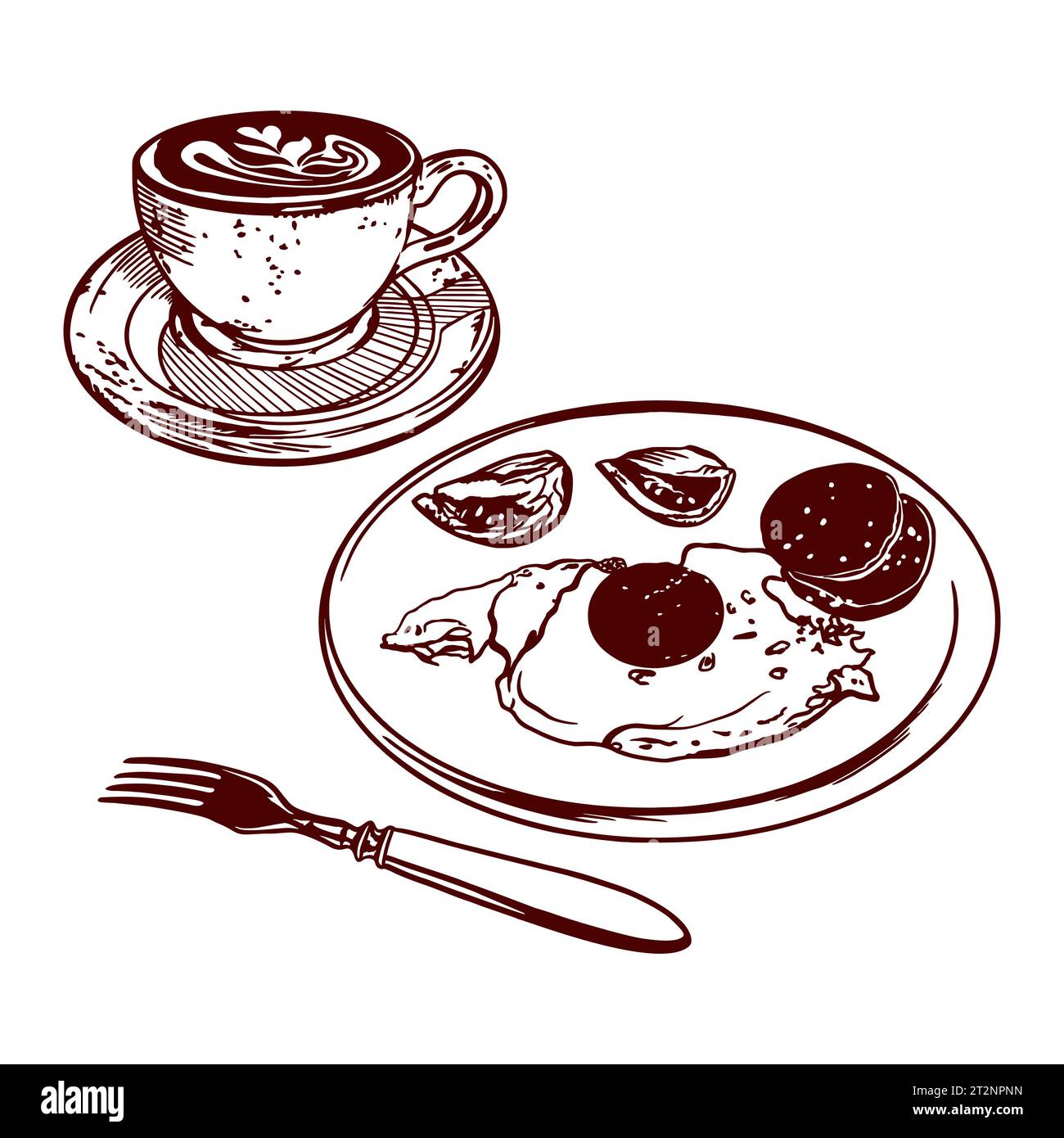 Coffee in a cup, scrambled eggs with sausage and tomatoes, fork. Vector ...