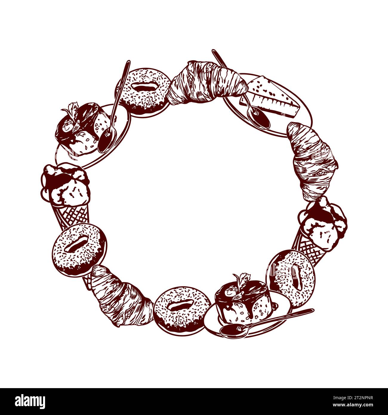 Round frame made of sweet pastries. Vector illustration of food in ...