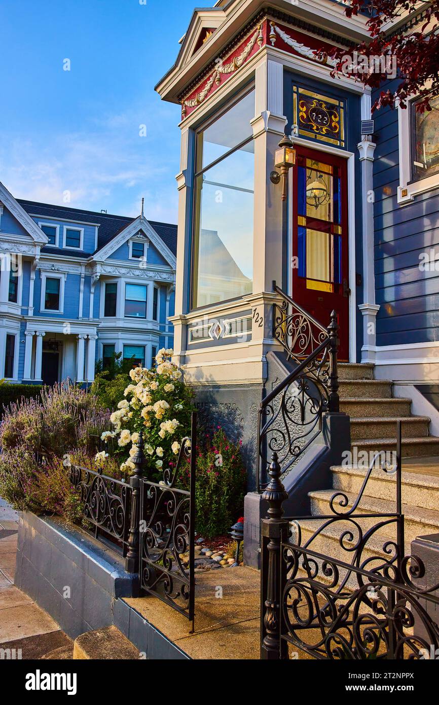 Close view of front door to blue 722 The Painted Ladies house with ...