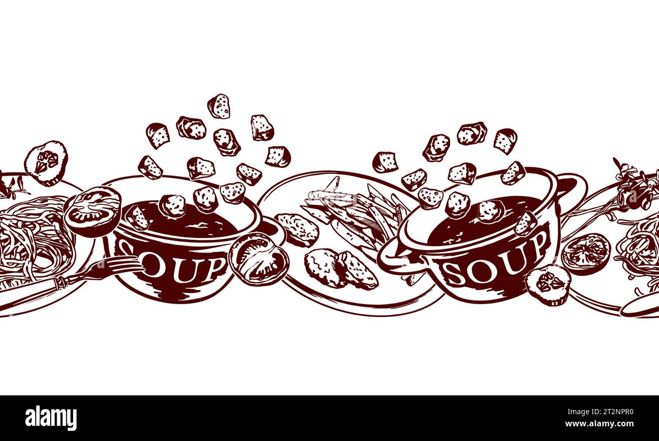 A bowl of soup, croutons, spaghetti, potatoes, tomatoes. Vector ...