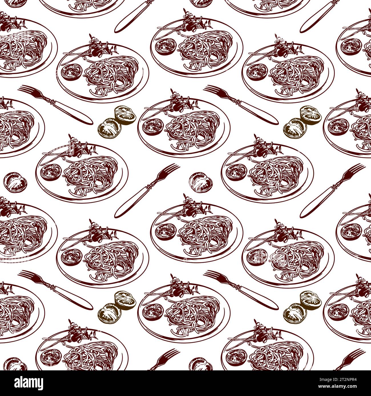 Spaghetti, tomatoes, fork. Vector illustration of a seamless pattern. Graphic. Menus of ...
