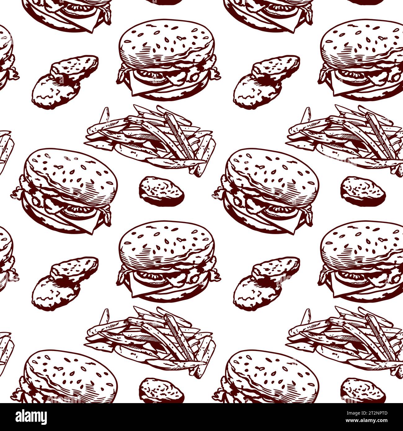 Burger, fries and nuggets. Vector illustration of a seamless pattern ...