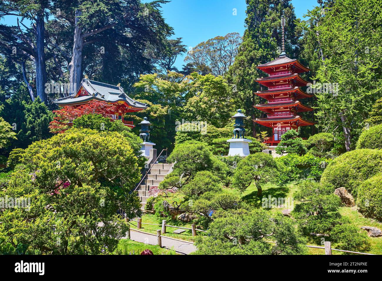 Red pagoda buildings with stone lanterns atop hill with steps in ...
