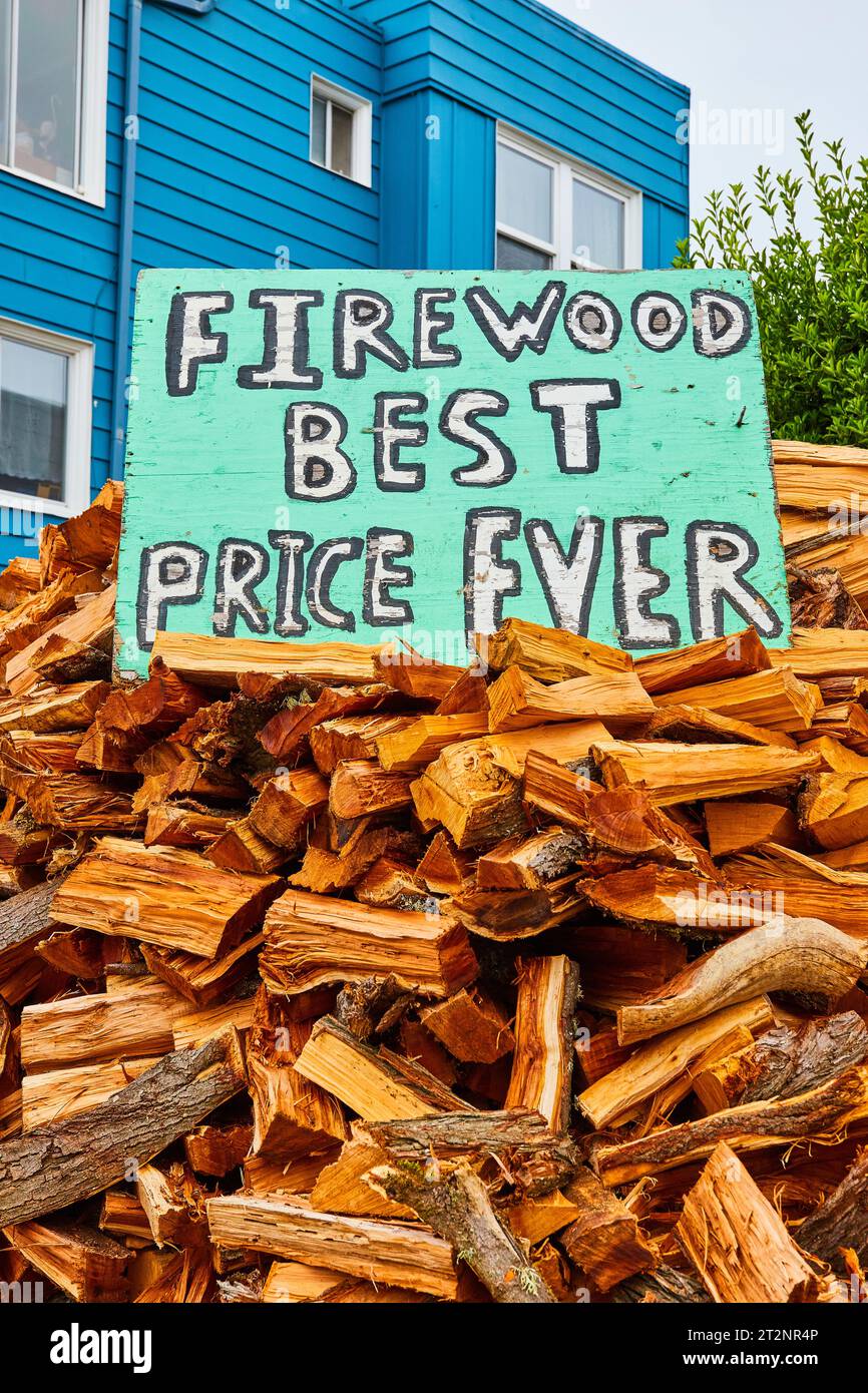 Yellow gold firewood pile with emphasis on blue sign for pricing with ...