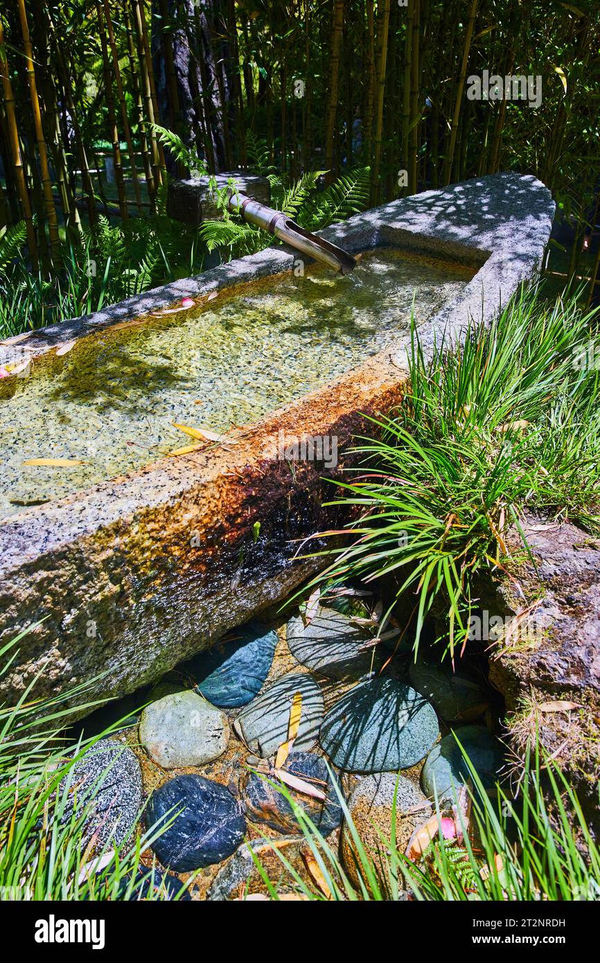 Bamboo around Shishi odoshi stone canoe with colorful cobblestones in ...