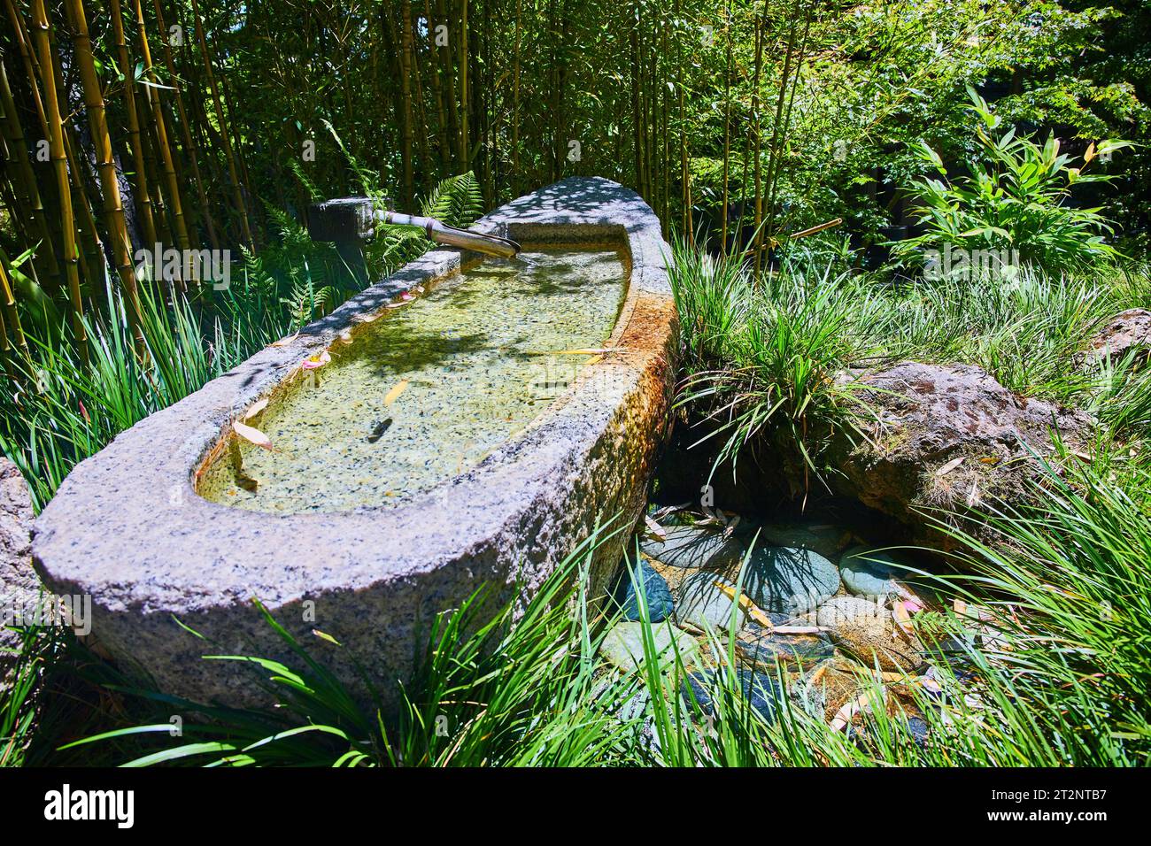 Shishi odoshi on stone canoe with colorful stone cobblestone path in ...