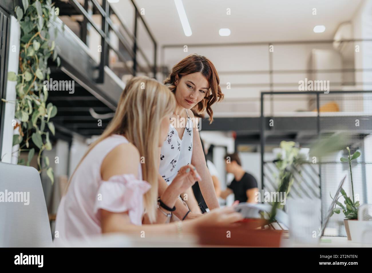 Beautiful, junior female employee listening to her senior team leader ...
