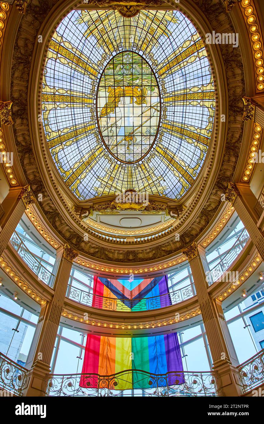 Rainbow flag dangling from Rotunda Roof interior view with stained ...