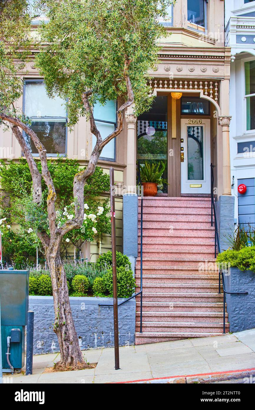 Staircase up to white door on tan building with painted blue concrete ...