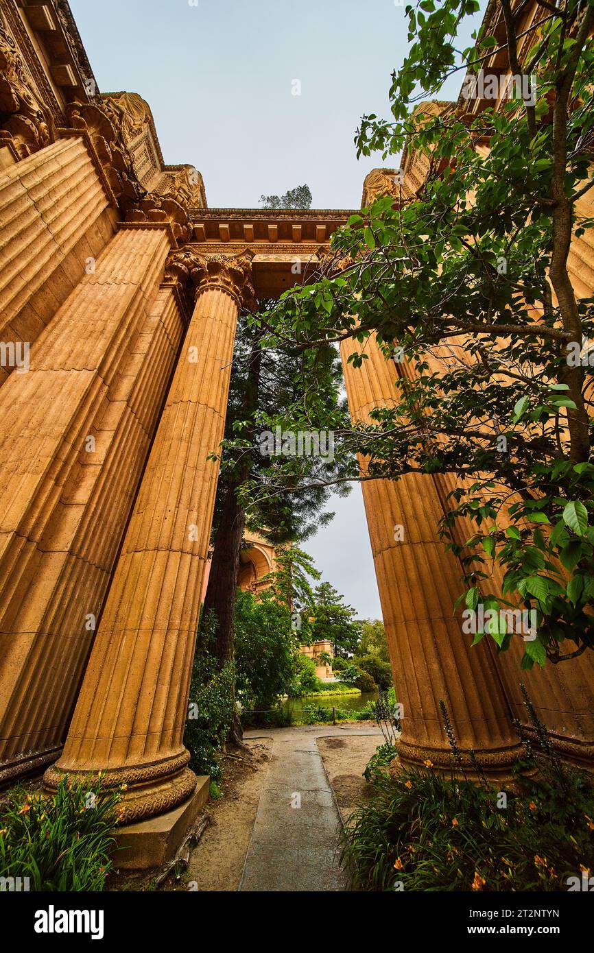 Palace of Fine Arts colonnade path between pillars with trees and ...