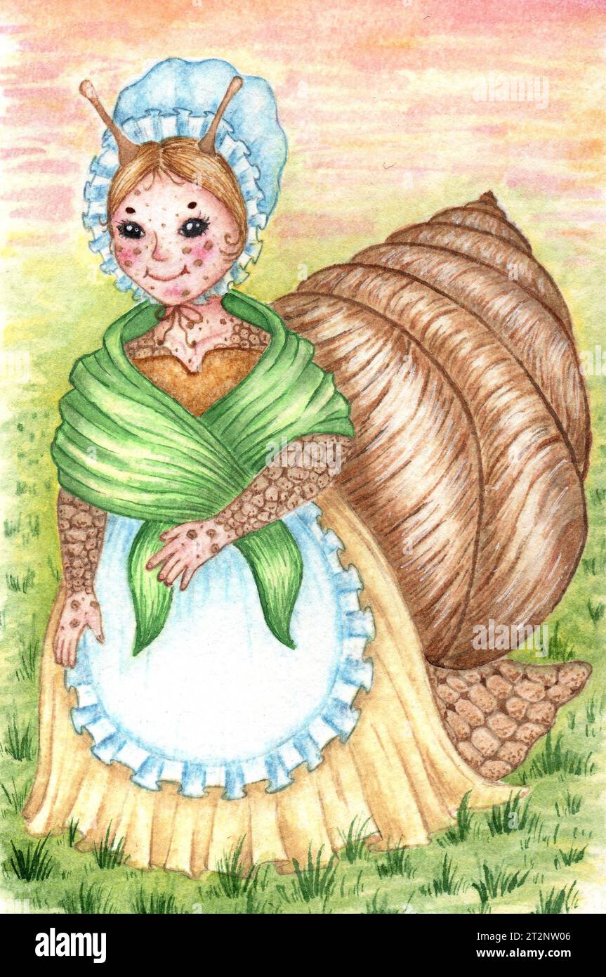 Watercolor illustration of a cute snail girl in vintage dress ...