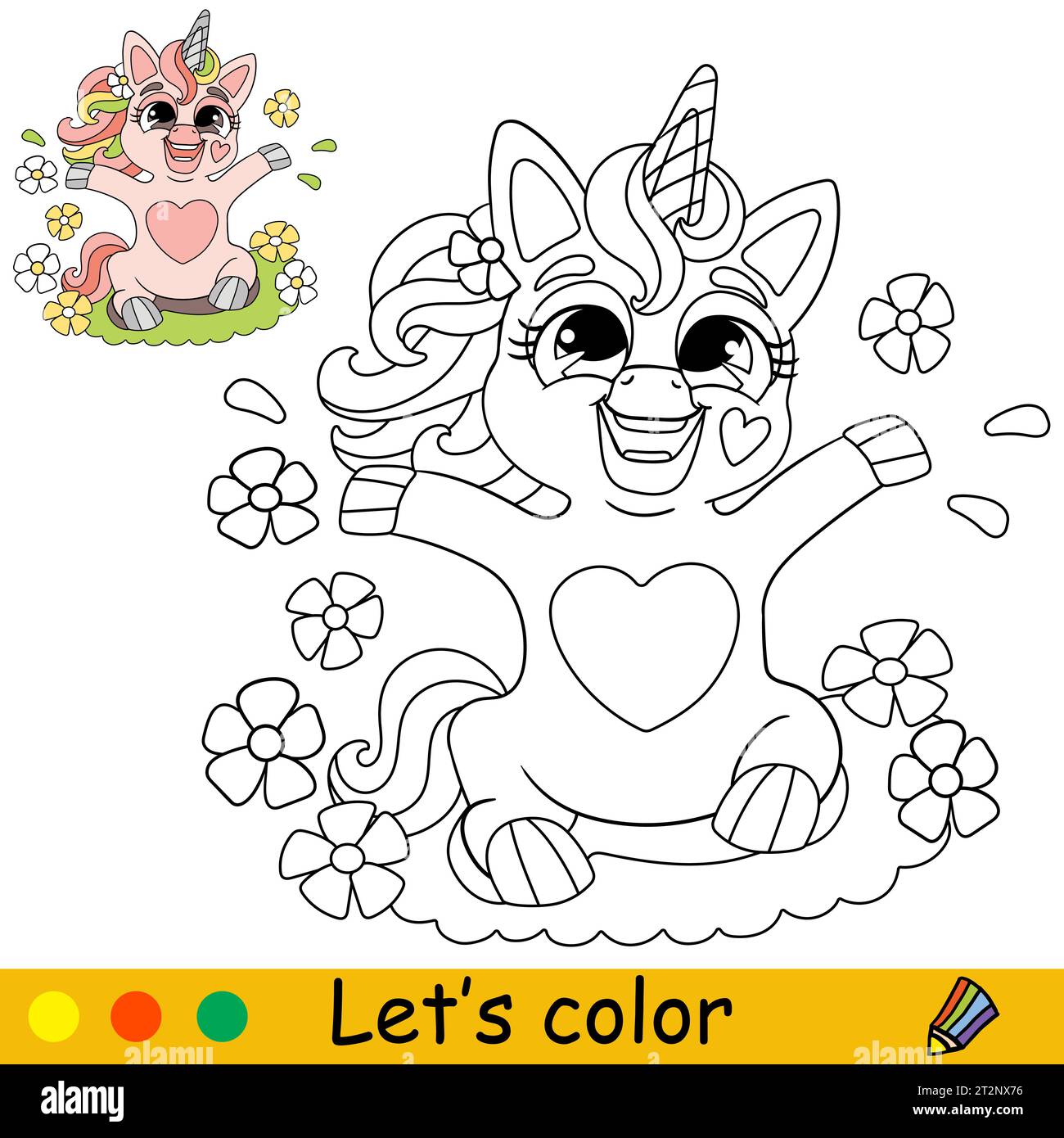 Floral cartoon cute baby unicorn. Kids coloring book page. Unicorn ...