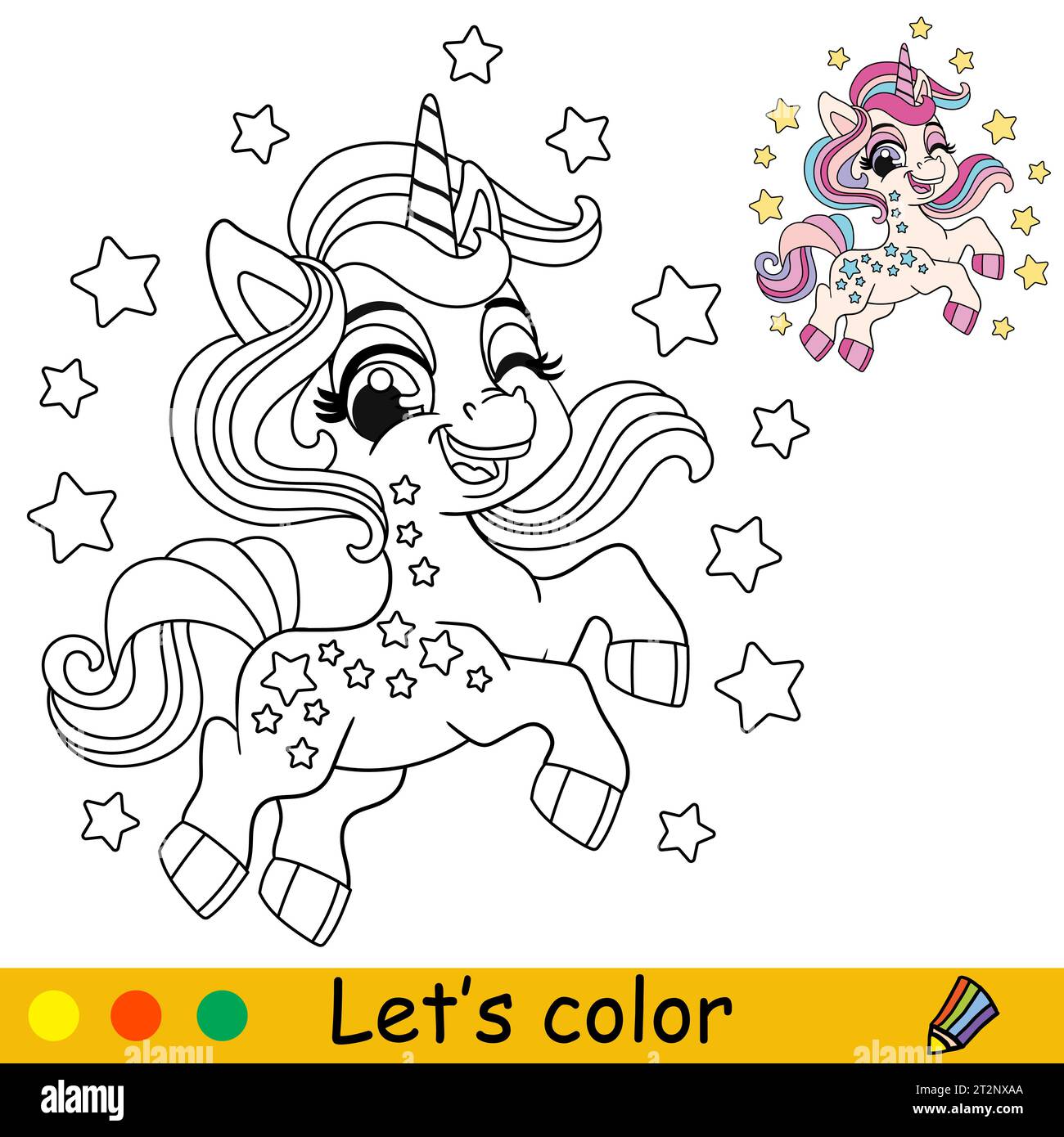 Starry cartoon cute baby unicorn. Kids coloring book page. Unicorn ...