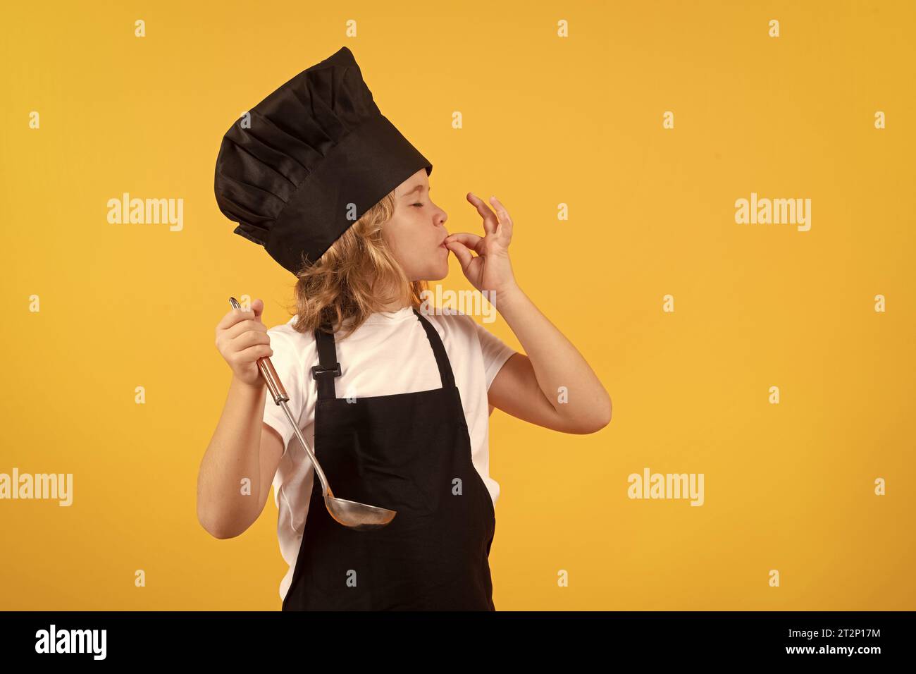 Funny kid chef cook with kitchen ladle, studio portrait. Cooking ...