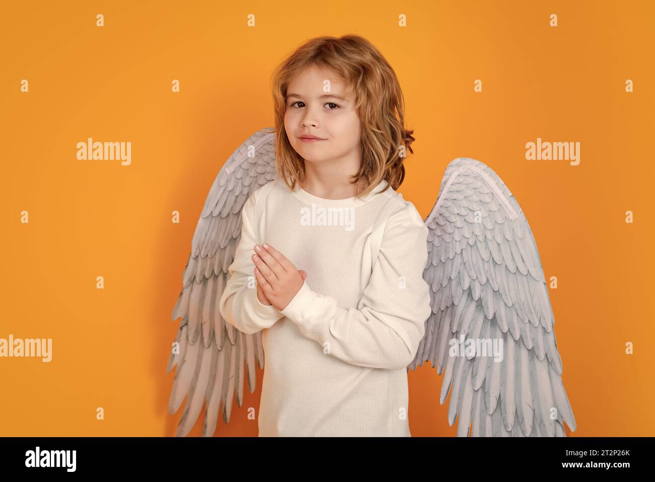 Angel prayer kids. Kid wearing angel costume white dress and feather ...