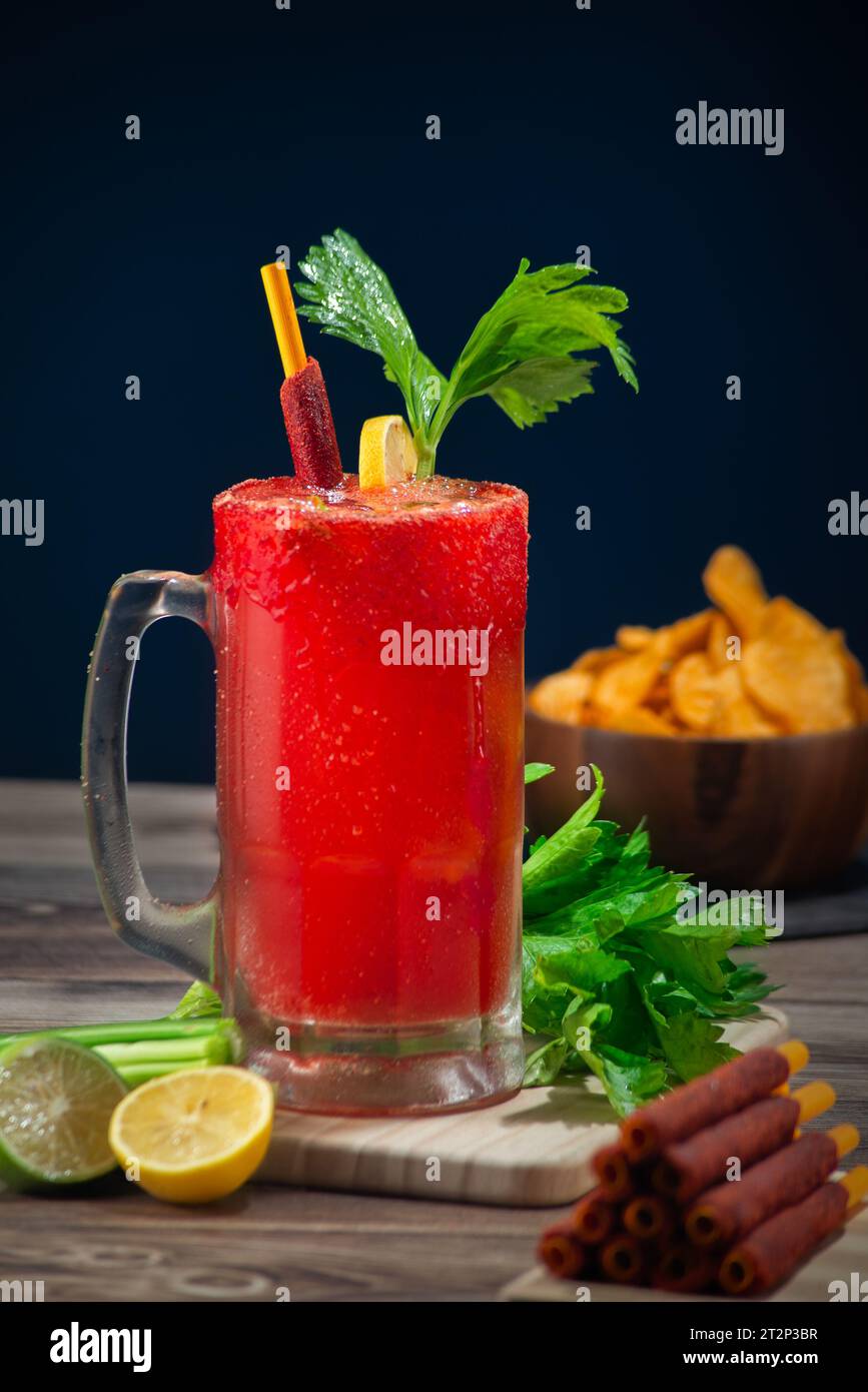 Michelada, Mexican drink with chamoy, tamarind, chili, celery, sauces ...