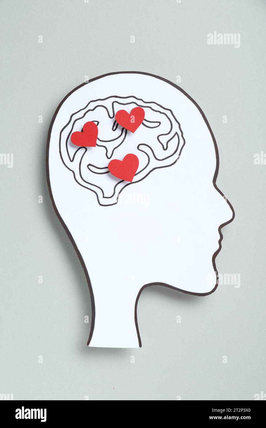 Emotional thinking. Paper human head cutout with drawing of brain and ...