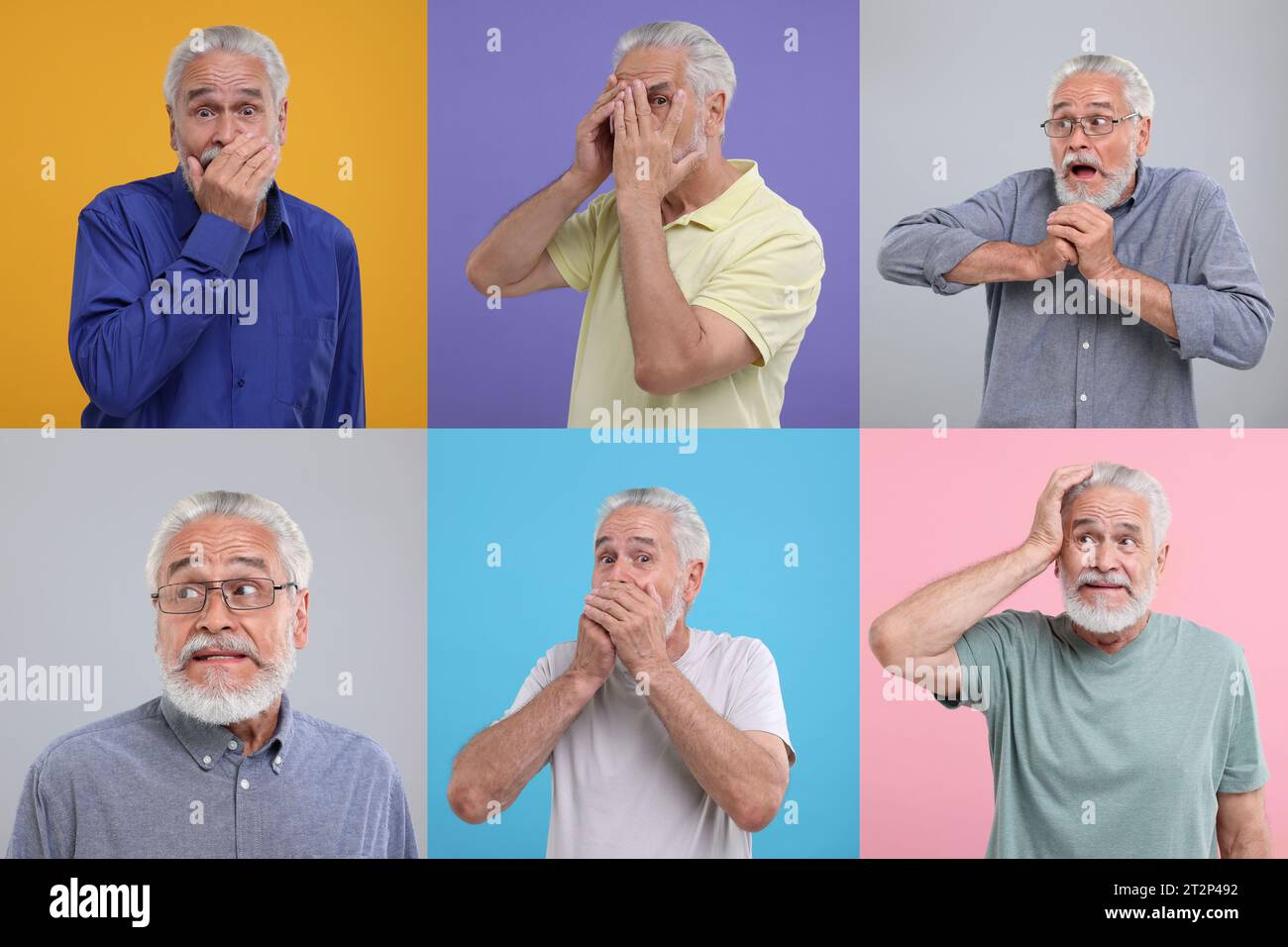Collage with photos of embarrassed senior man on different color ...