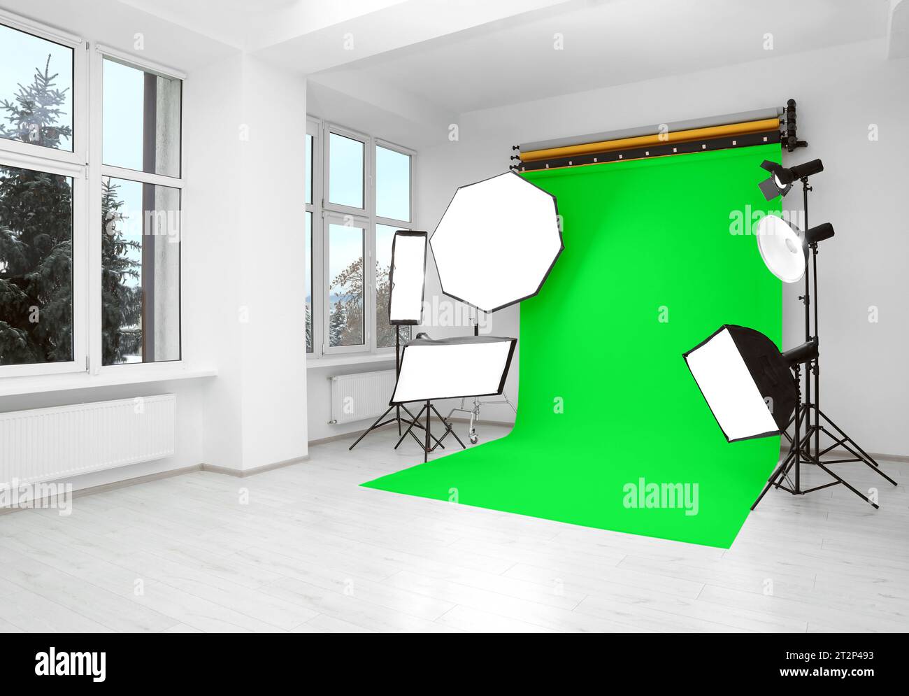 Chroma key compositing. Green backdrop and equipment in studio Stock ...