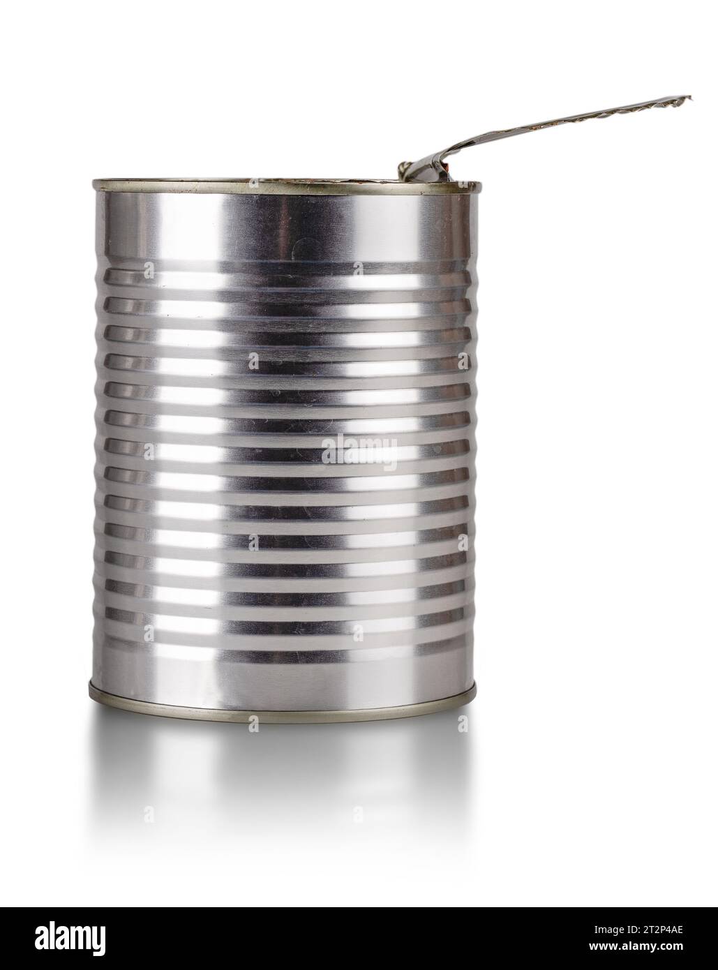 The Opened empty iron chrome tin can on a white background. Aluminum ...