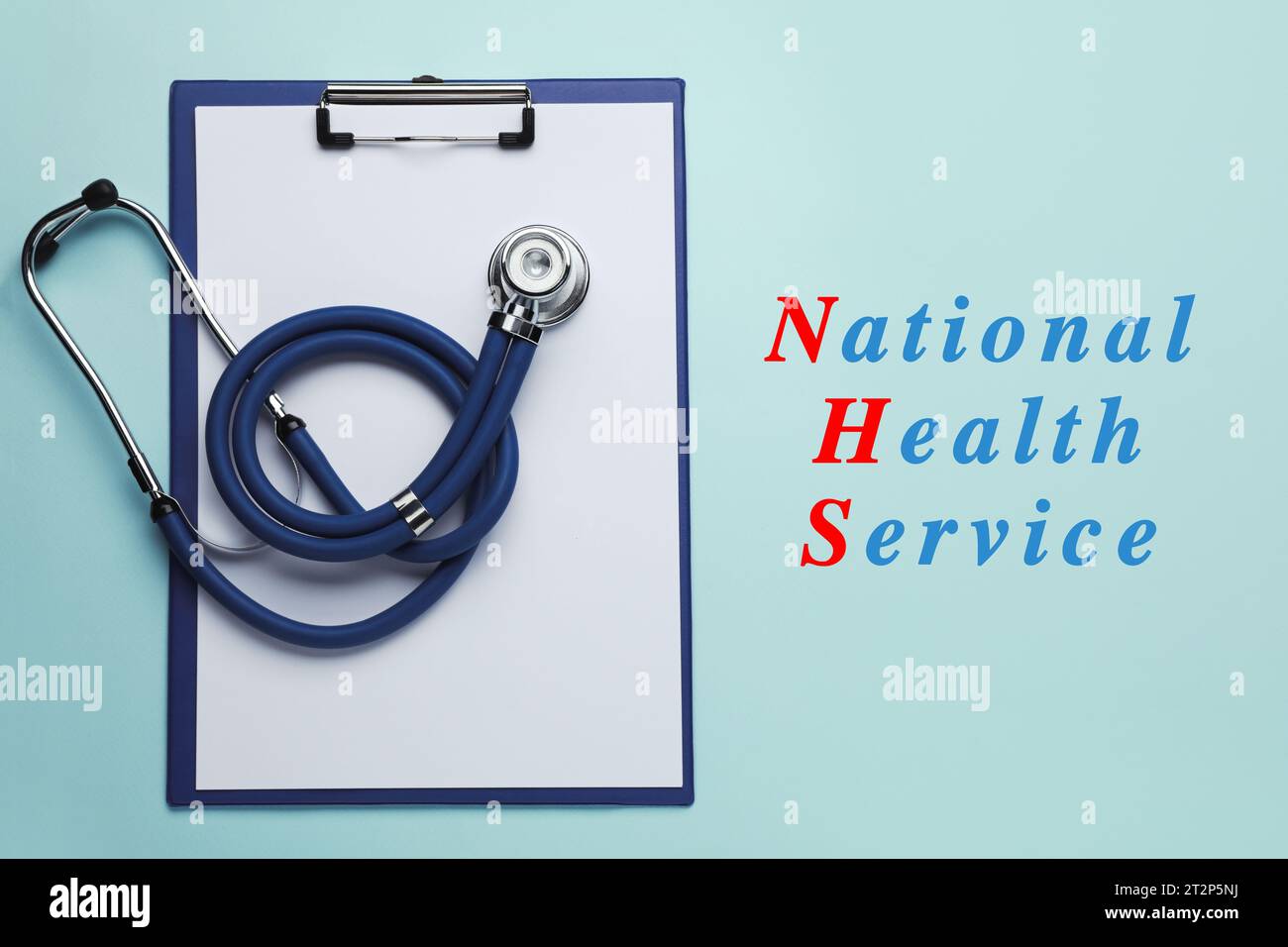 National health service (NHS). Stethoscope, clipboard and text on ...