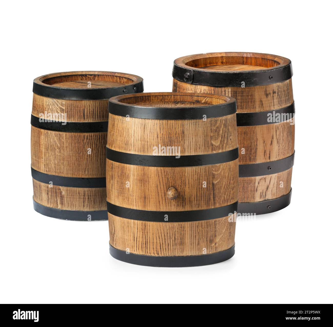 Set of many wooden barrels on white background Stock Photo - Alamy