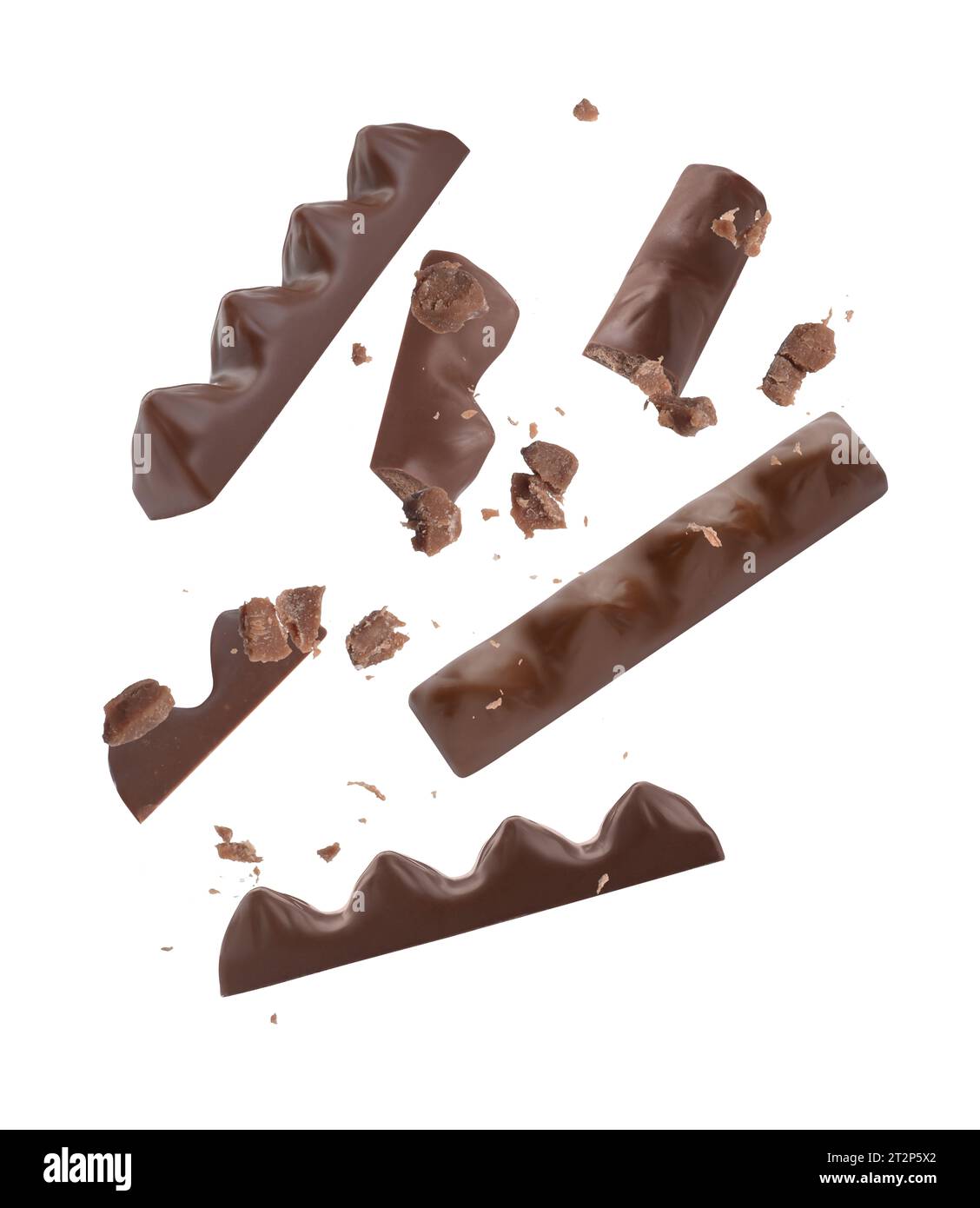 Tasty chocolate bars falling on white background Stock Photo - Alamy