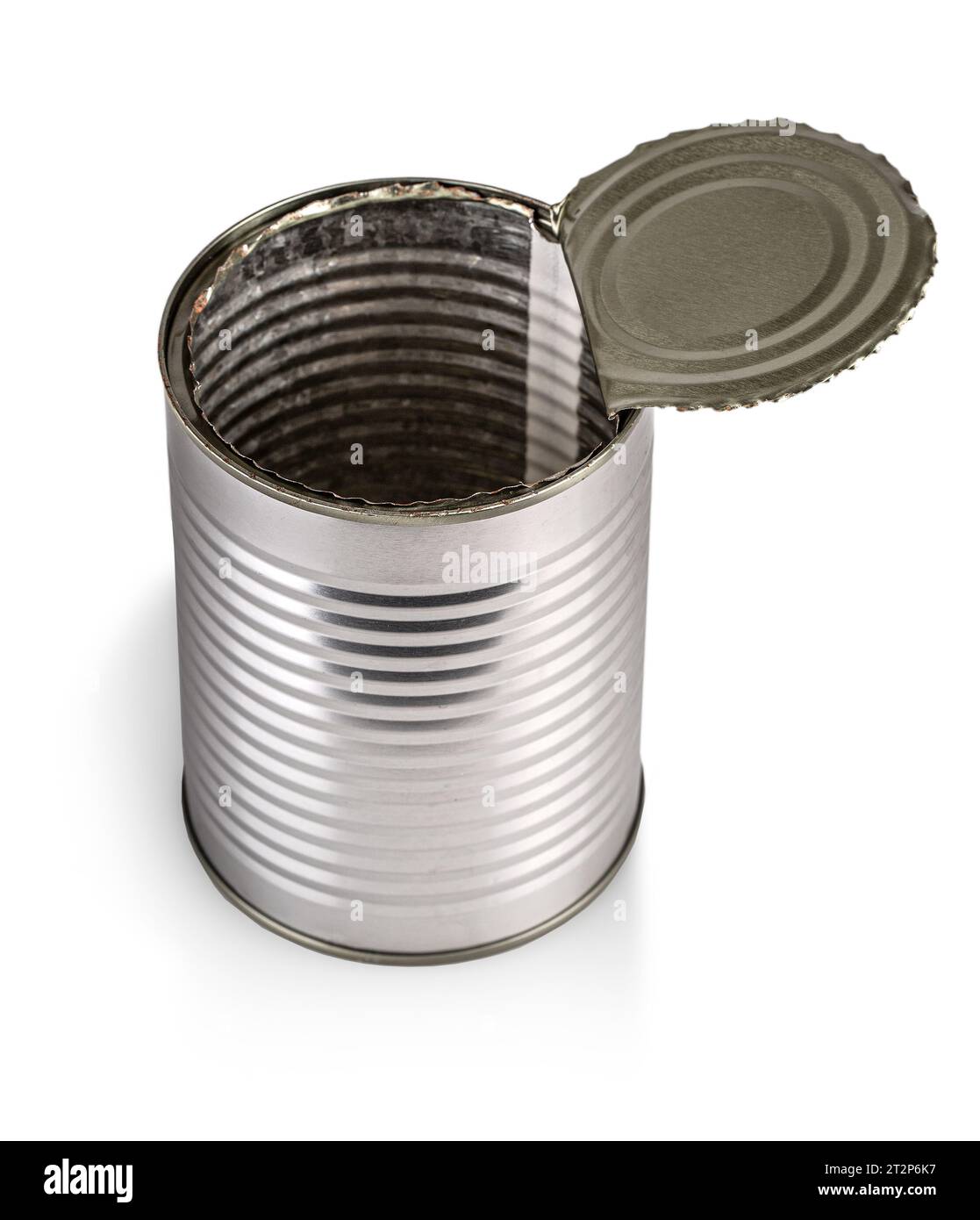 The Opened empty iron chrome tin can on a white background. Aluminum ...