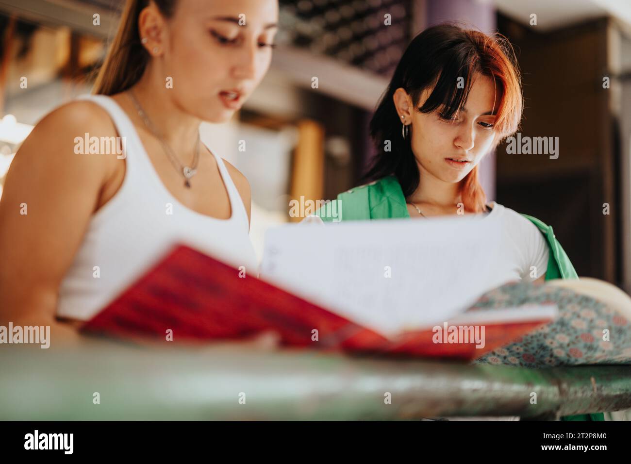 School girls collaborating on a project, studying outdoors in the city ...
