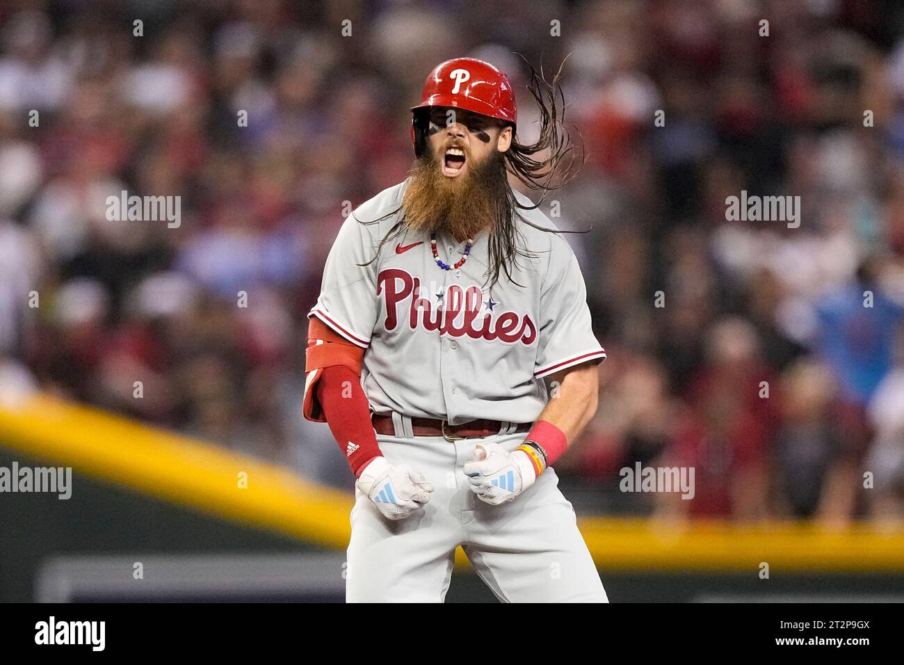 Philadelphia Phillies' Brandon Marsh celebrates a RBI-double against ...