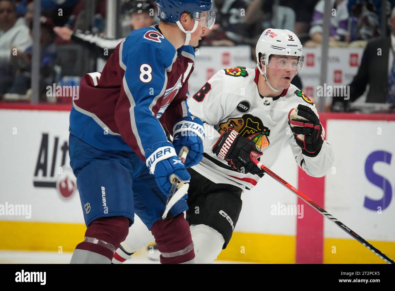 Colorado Avalanche defenseman Cale Makar (8) and Chicago Blackhawks ...