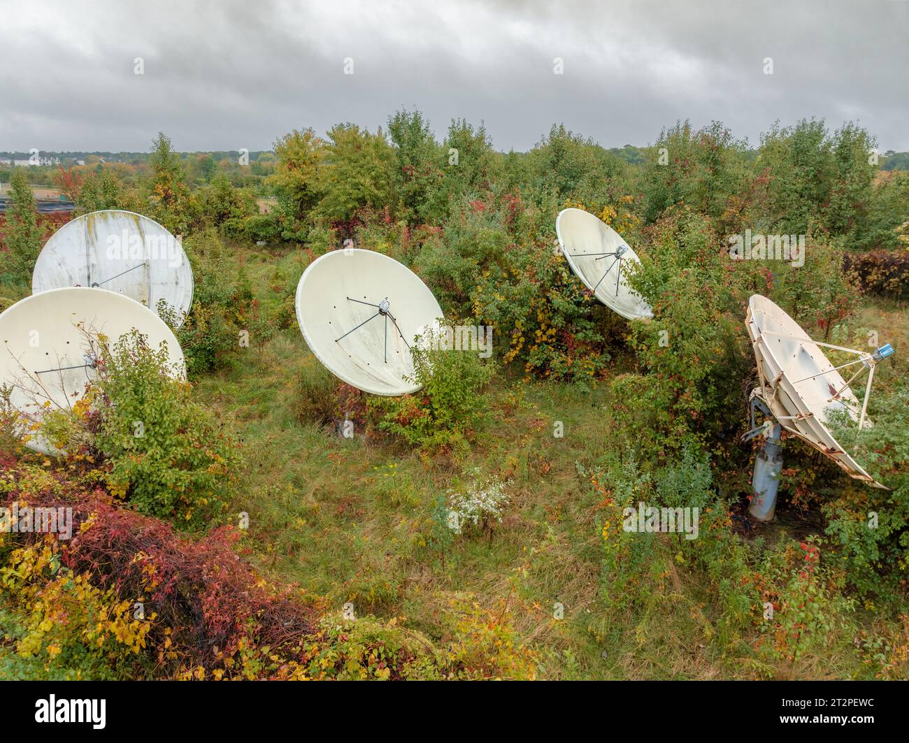 Abandoned satellite dish broadcast antenna in a field with overgrown ...