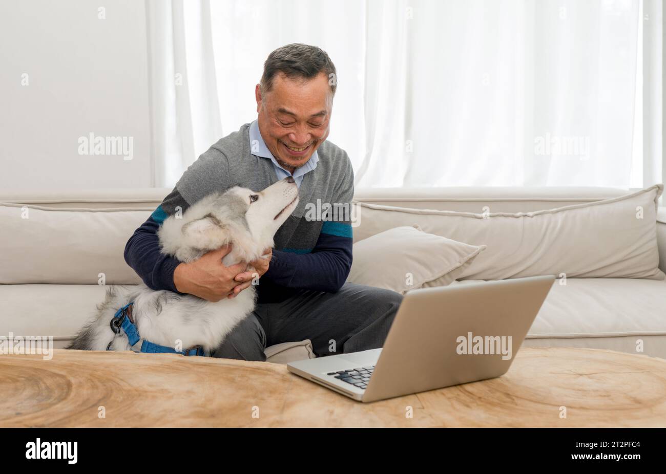 A serene man sharing a tranquil moment with his faithful dog on a cozy ...