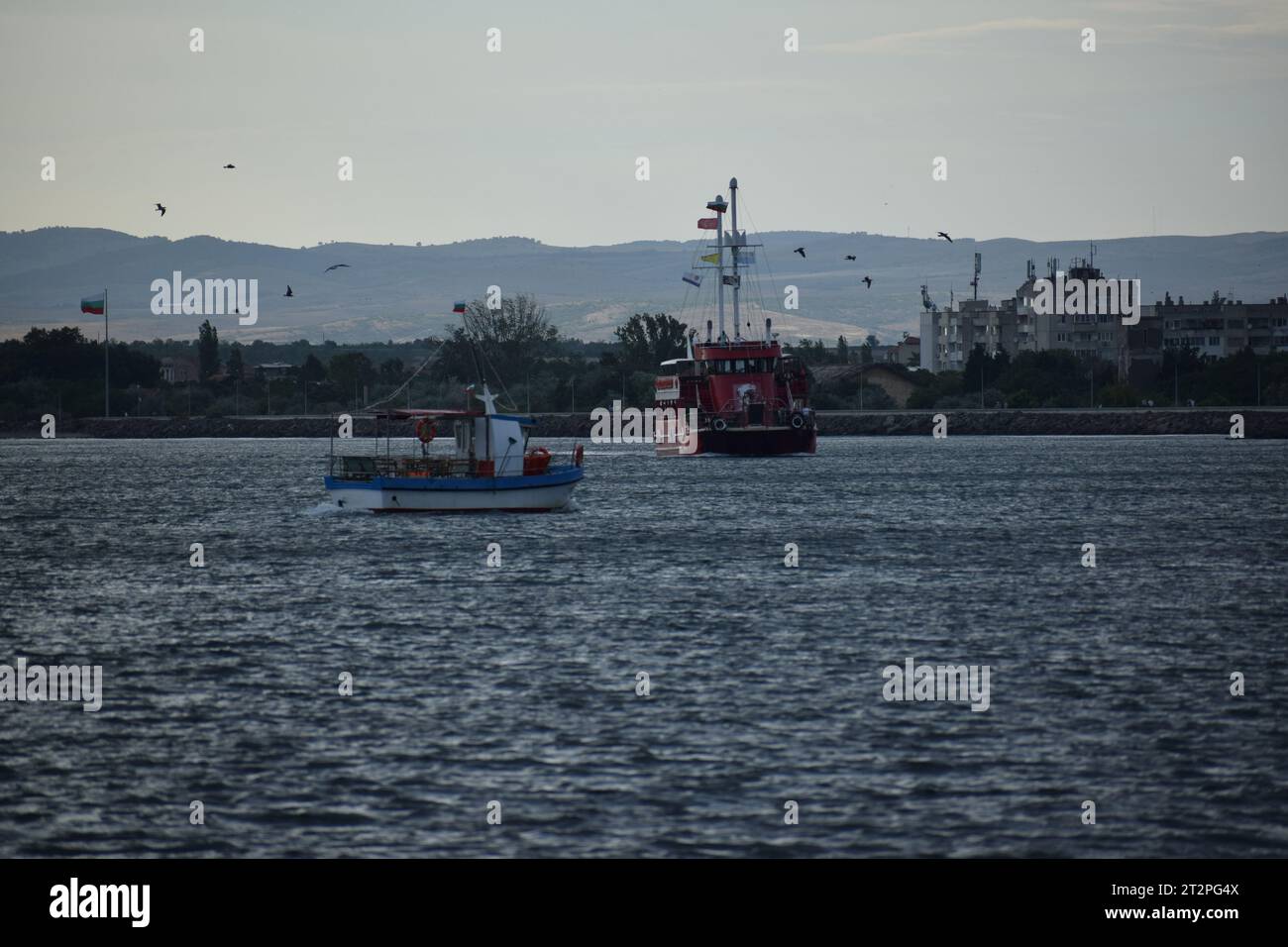 Aerial view of vehicle on beach, ship on sea. Transportation adventure ...