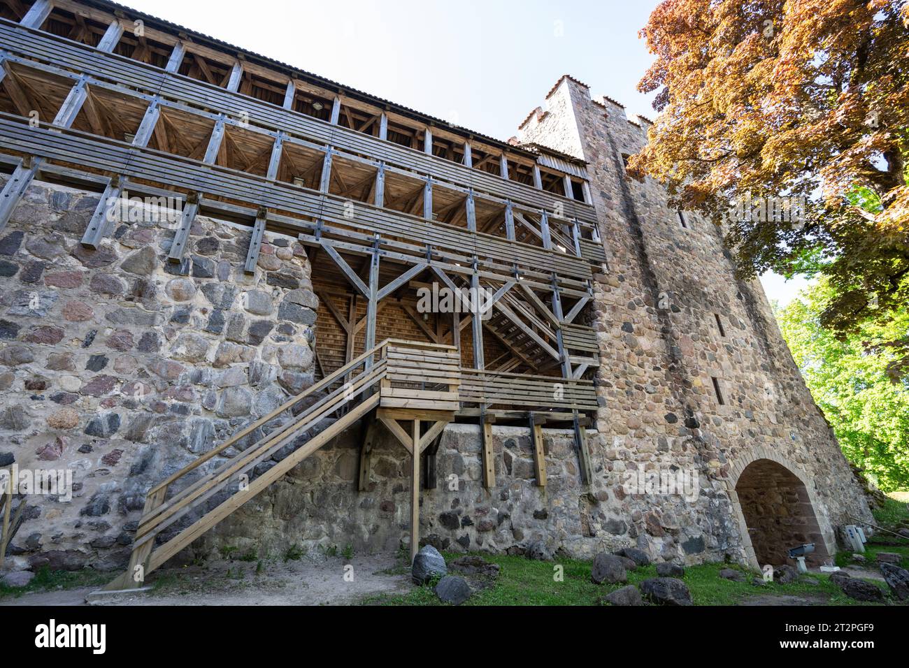 looking up at the walls of Sigulda Castle of the Livonian Order ...