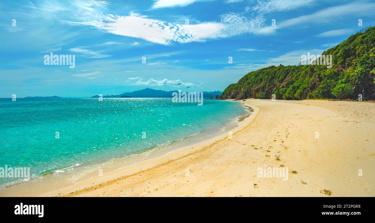 Panorama of a sandy beach with a mountain range and a tropical forest ...