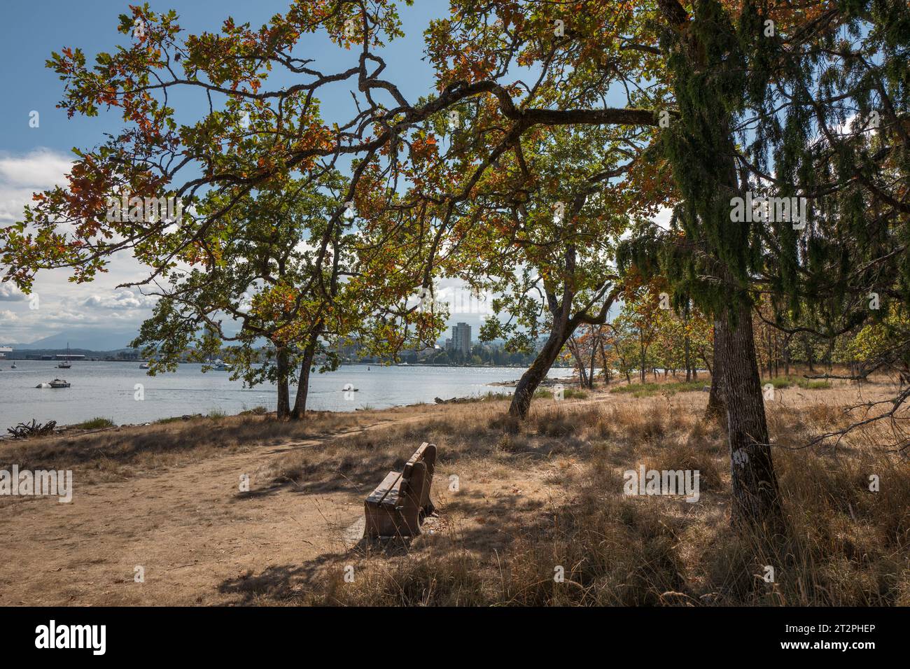 park bench near beach at Saysutshun (Newcastle Island) with views of ...