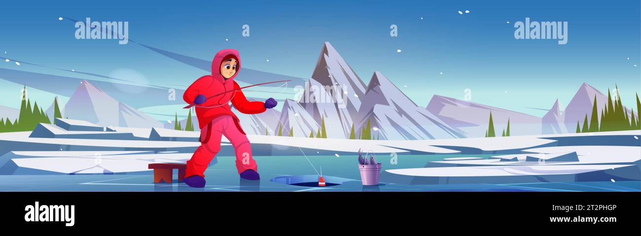 Winter fishing cartoon vector illustration. Young woman in warm clothes ...