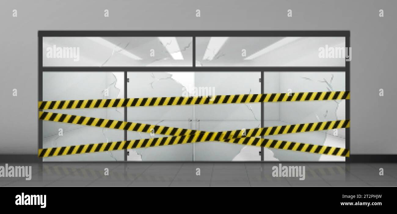Broken glass store front door and window vector. Office or shop ...