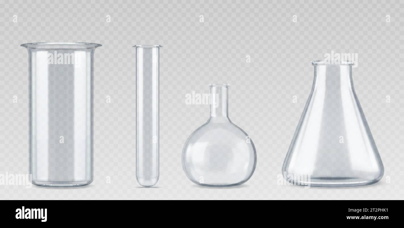 Realistic lab glassware set isolated on transparent background. Vector illustration of ...