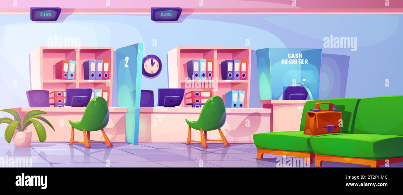Bank office interior with furniture. Vector cartoon illustration of ...